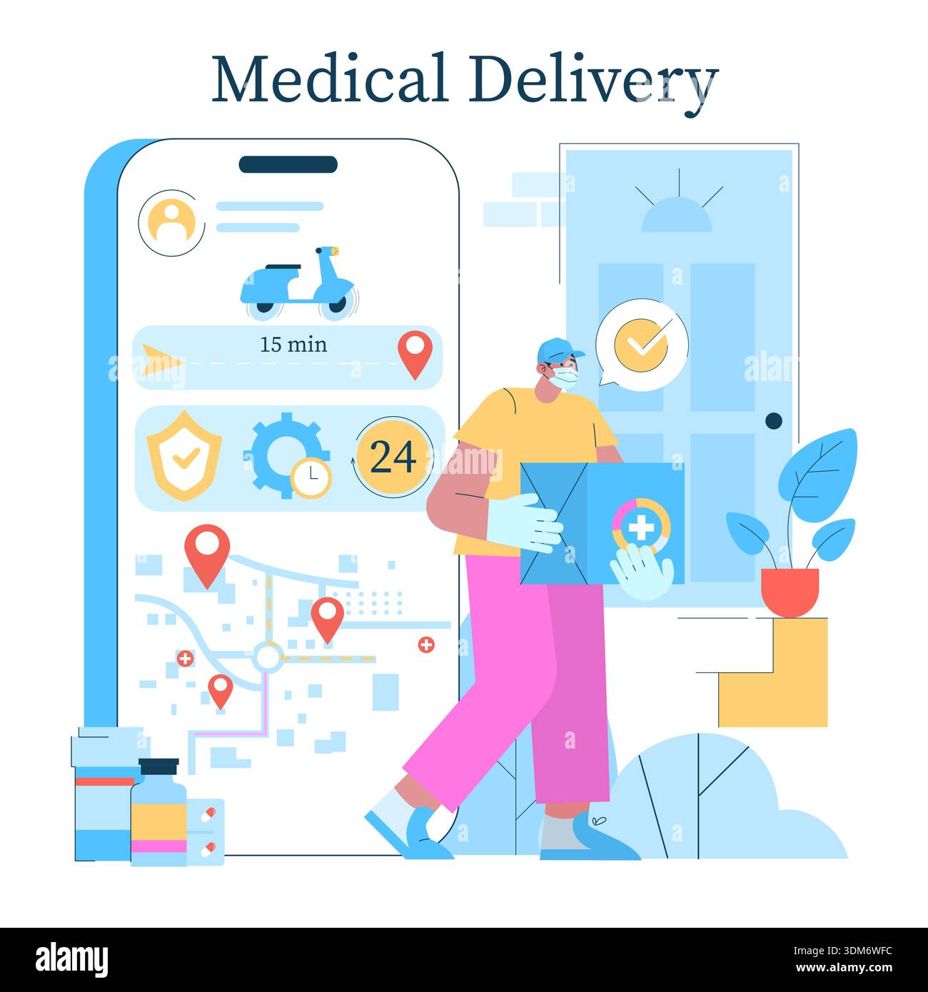 Medical delivery service vector illustration depicting a masked courier ...