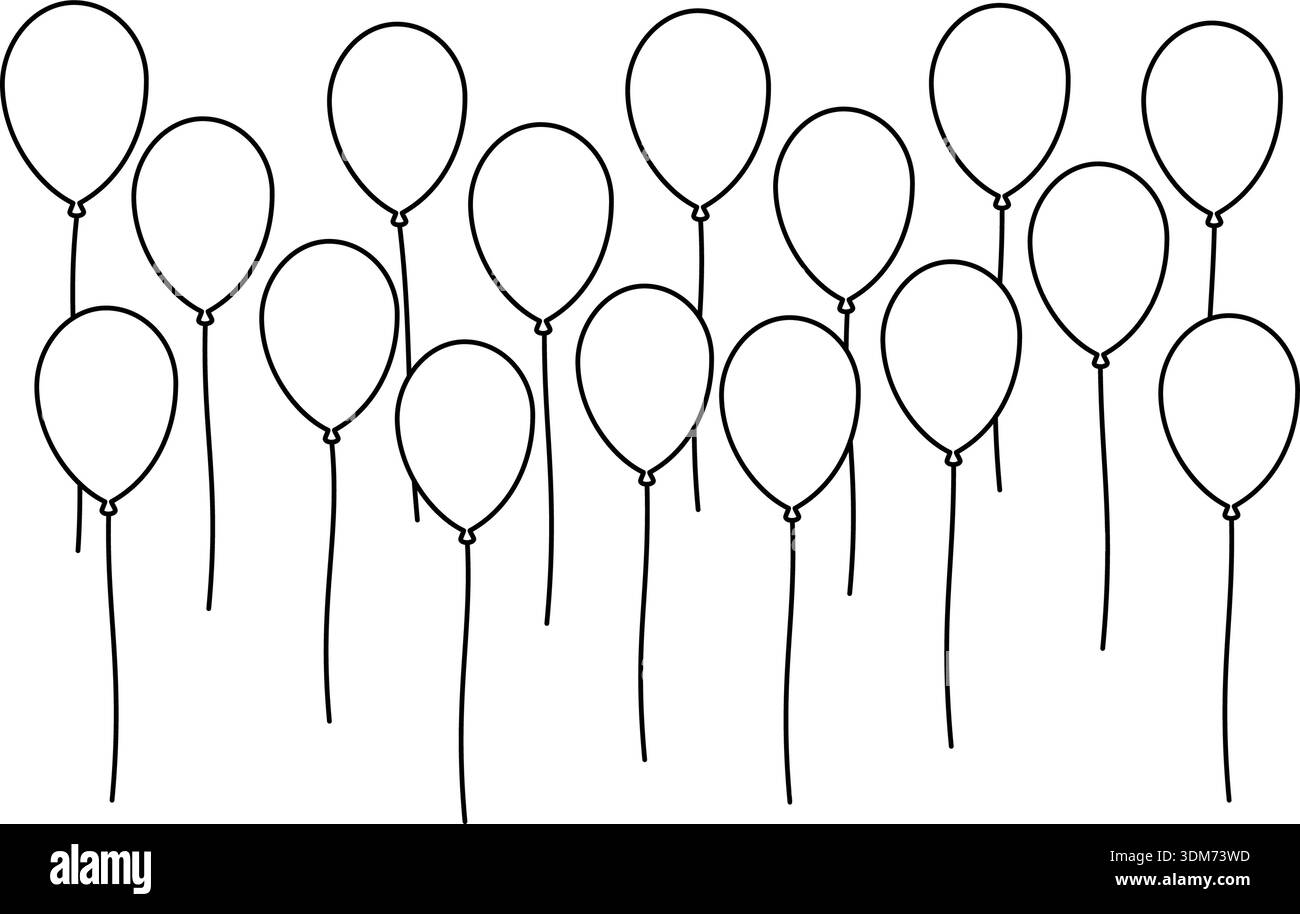 Minimalist balloon outlines set. Black line art balloons with strings ...