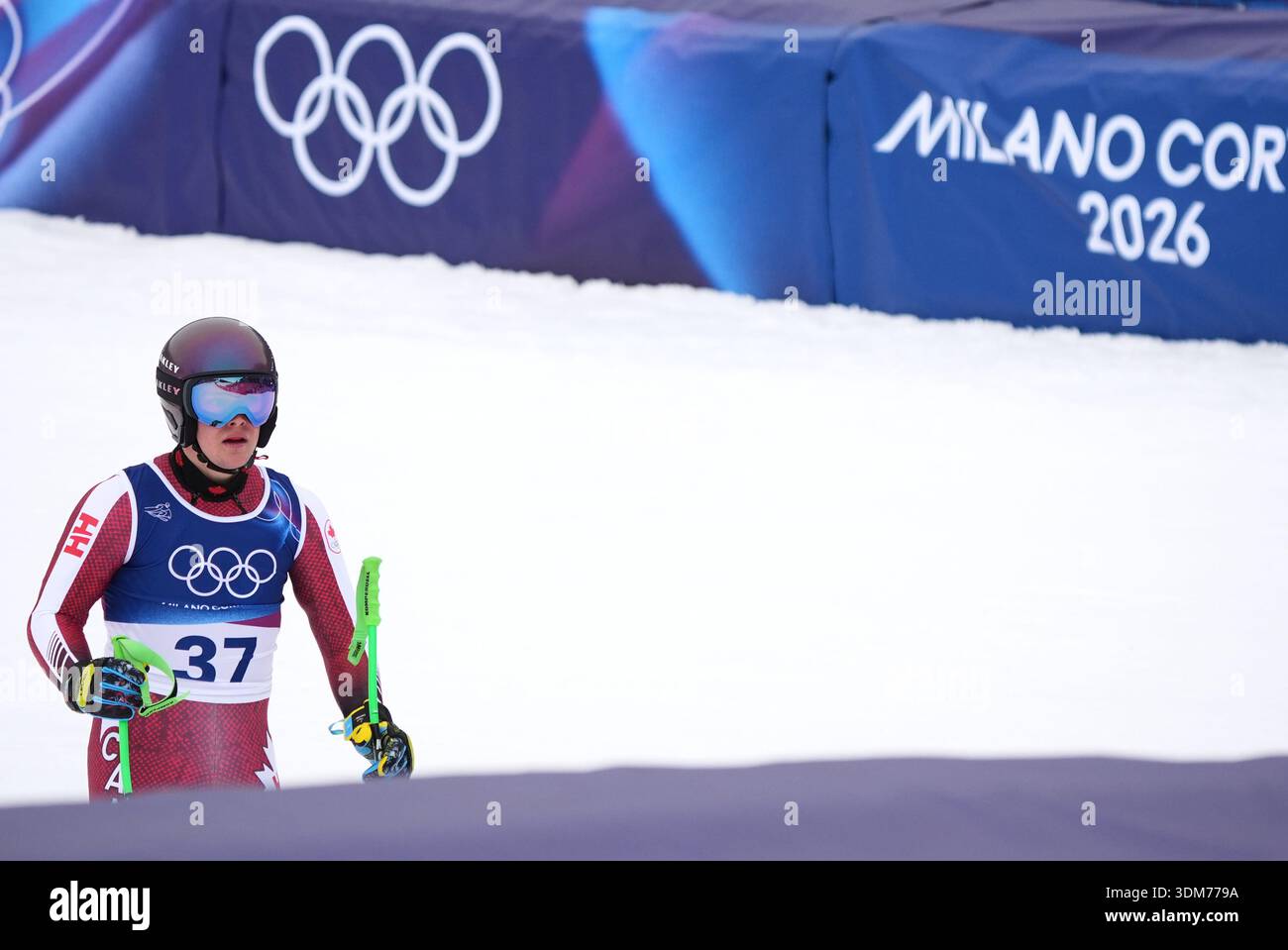 Canada's Riley Seger at the finish area, during the alpine ski, men's ...