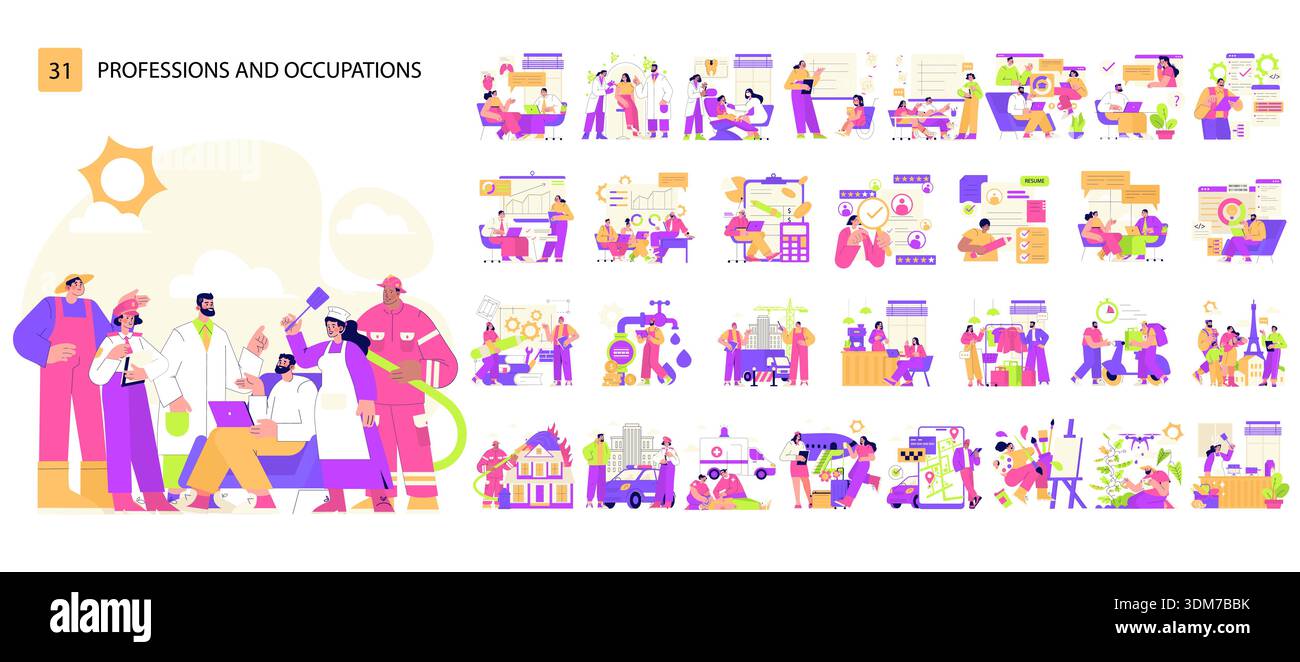 Vector illustration showcasing various professions and occupations ...