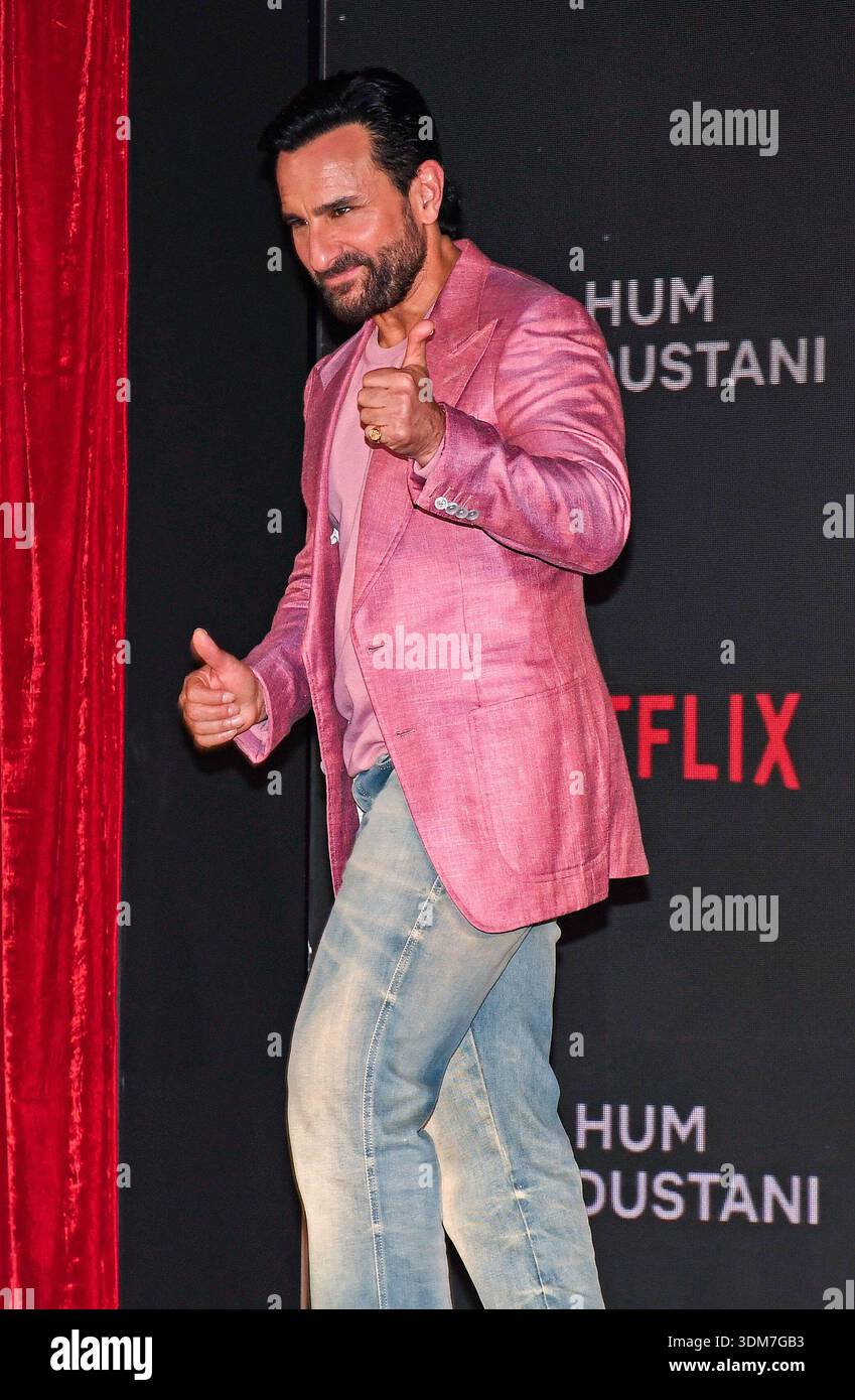 Bollywood actor Saif Ali Khan shows a thumbs up sign as he leaves after ...