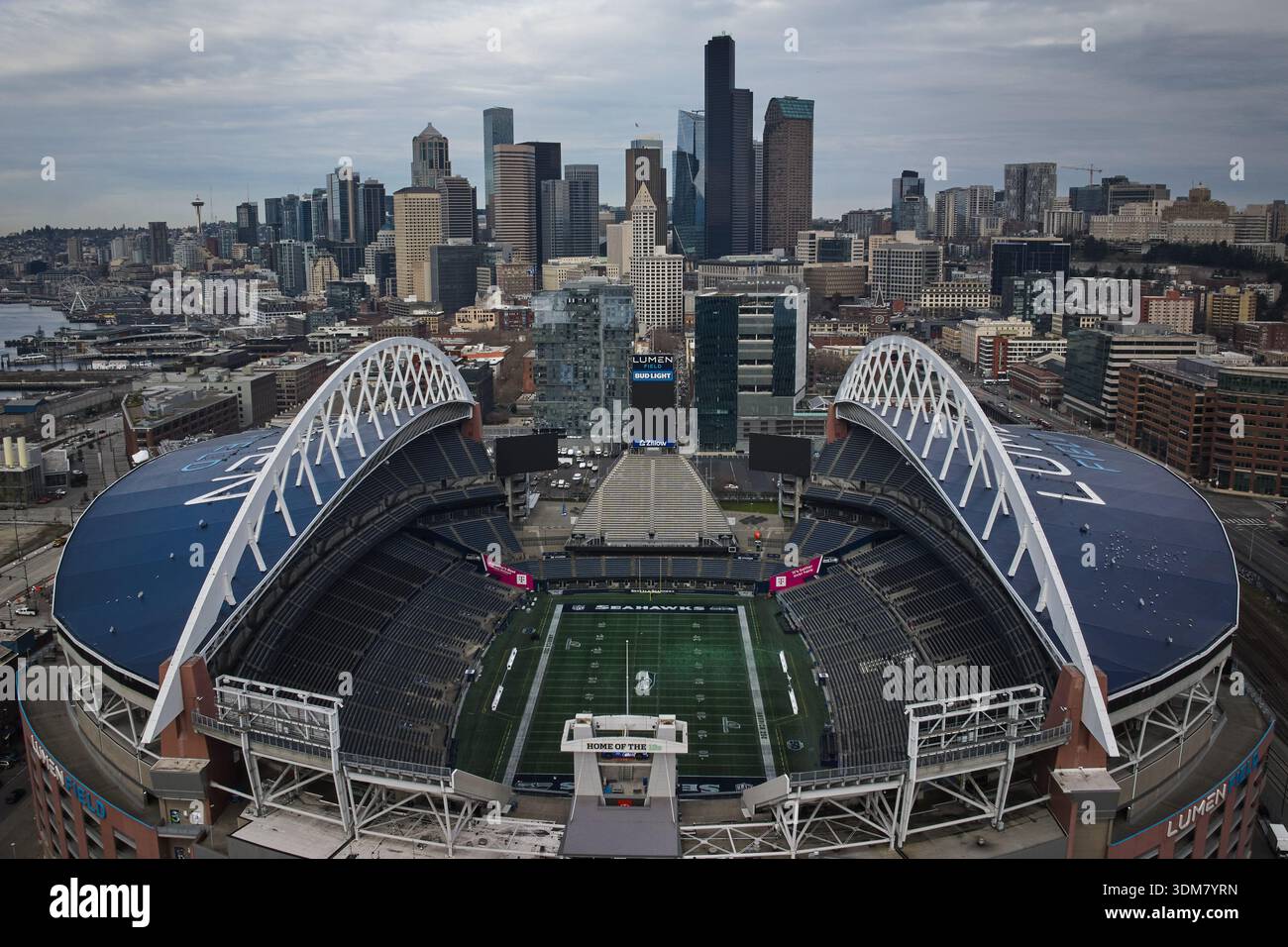 Lumen Field and the Seattle skyline is seen Monday, Jan. 26, 2026, in ...