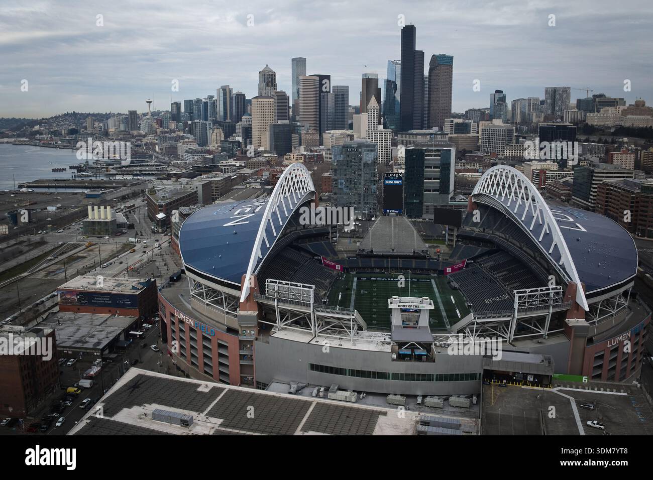 Lumen Field and the Seattle skyline is seen Monday, Jan. 26, 2026, in ...