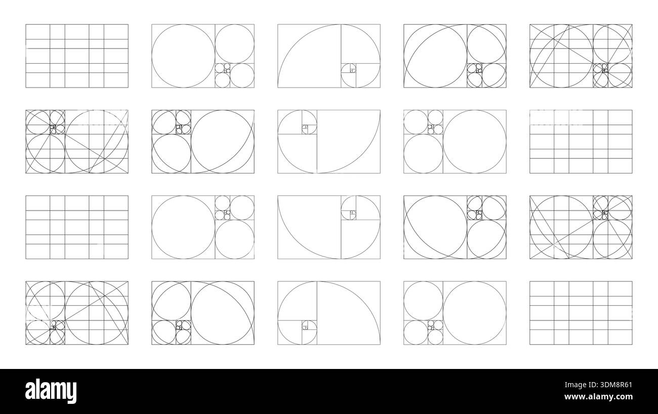 Golden ratio templates set. Fibonacci array, numbers forms. Method ...