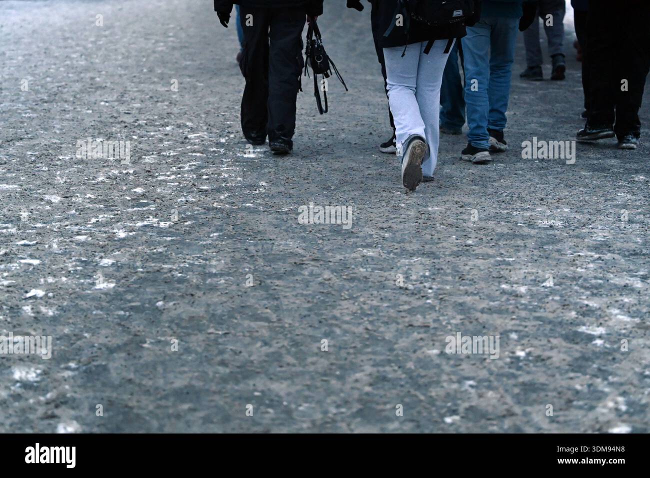 Berlin, Germany. 04th Feb, 2026. A group of people walk on the muddy ...
