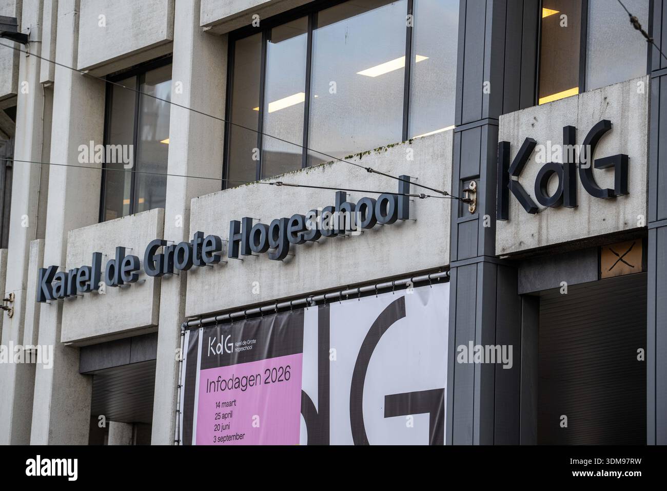 The logo of the Karel De Grote Hogeschool is seen on the Groenplaats ...