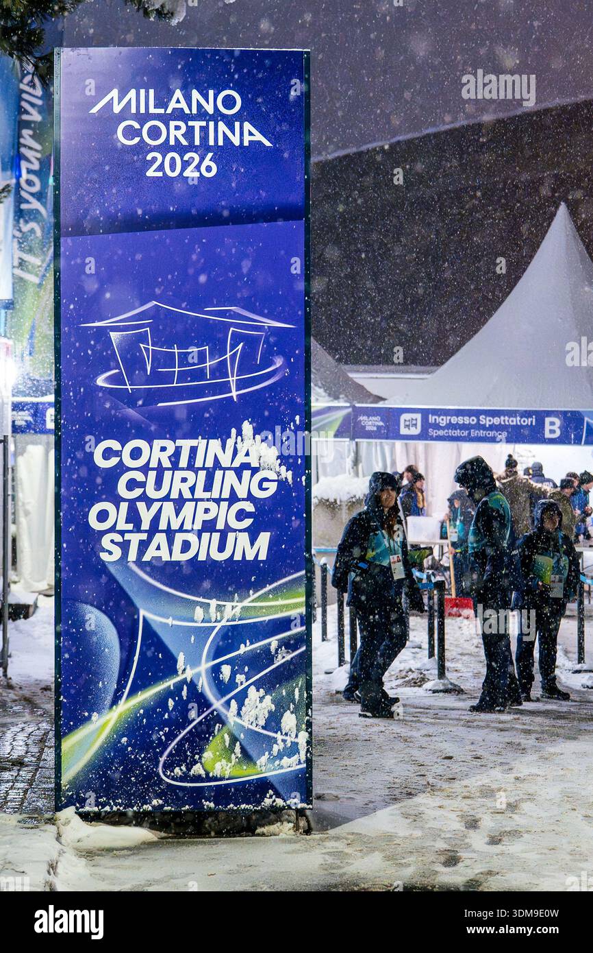 Olympic sign in front of the Cortina ice rink Stock Photo - Alamy