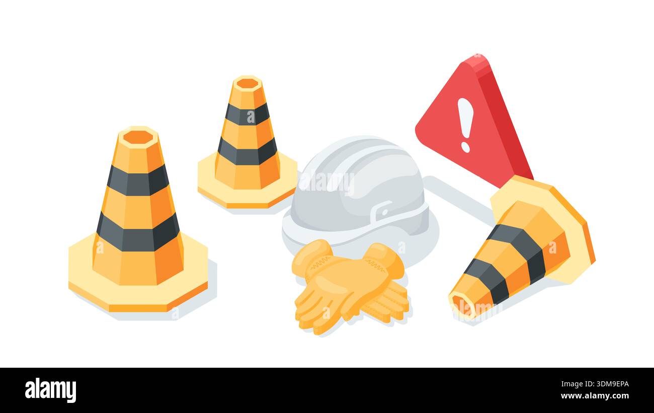 isometric vector concept with enclosing cones and construction helmet ...
