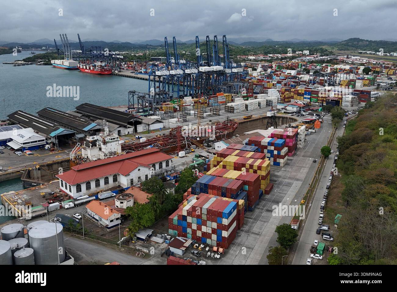 Ship containers sit stacked at the Panama Canal's Balboa port, managed ...