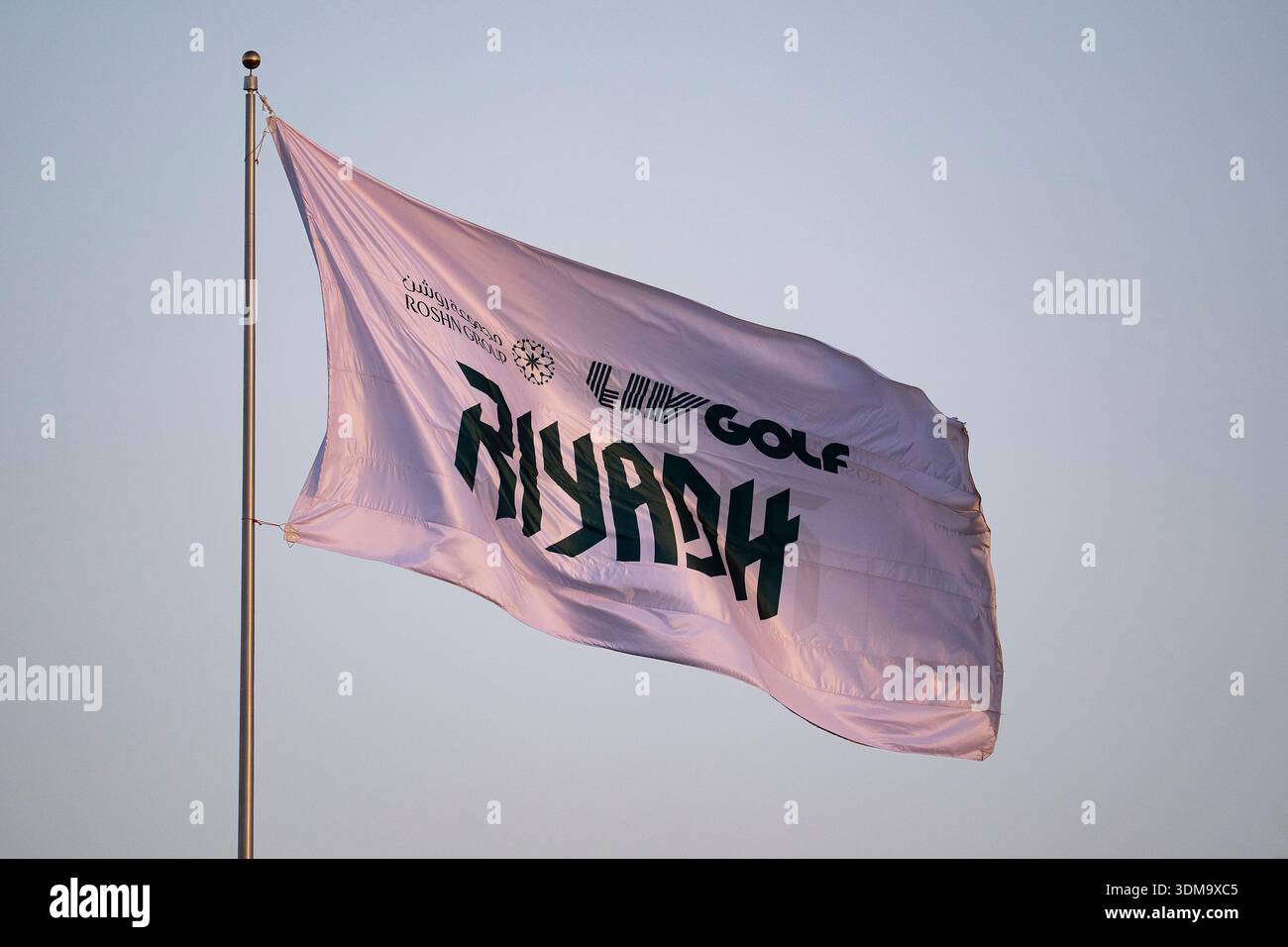 A close up shot of the LIV Golf Riyadh flag during the first round of ...