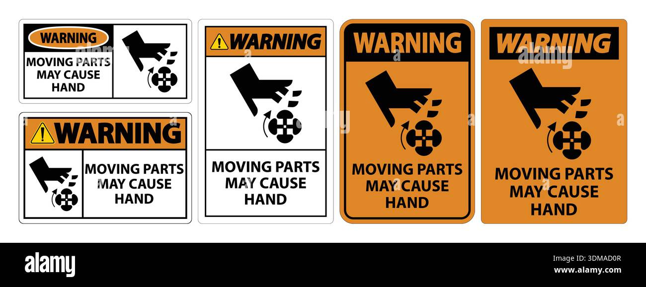 Set of cautionary warning signs featuring symbols and text about moving ...