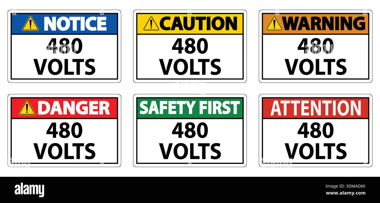 A collection of safety signs warning of 480 volts electrical hazard ...
