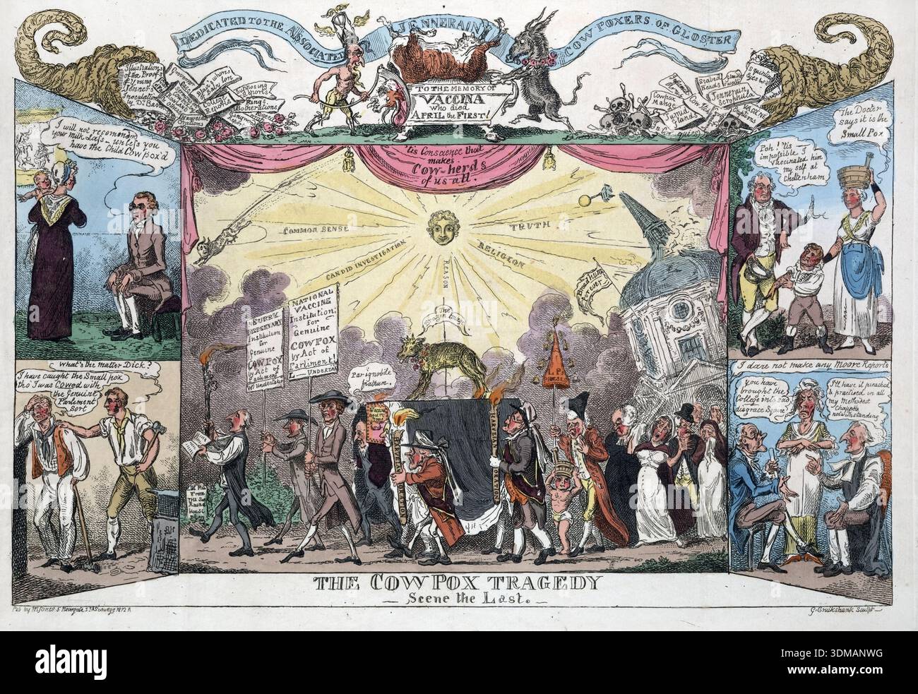 A humorous cartoon of The Cow Pox Tragedy 1812 watercoloured etching ...