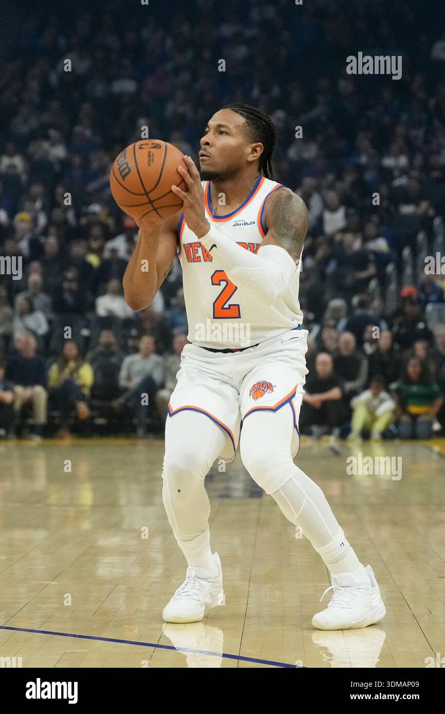 New York Knicks guard Miles McBride shoots against the Golden State ...