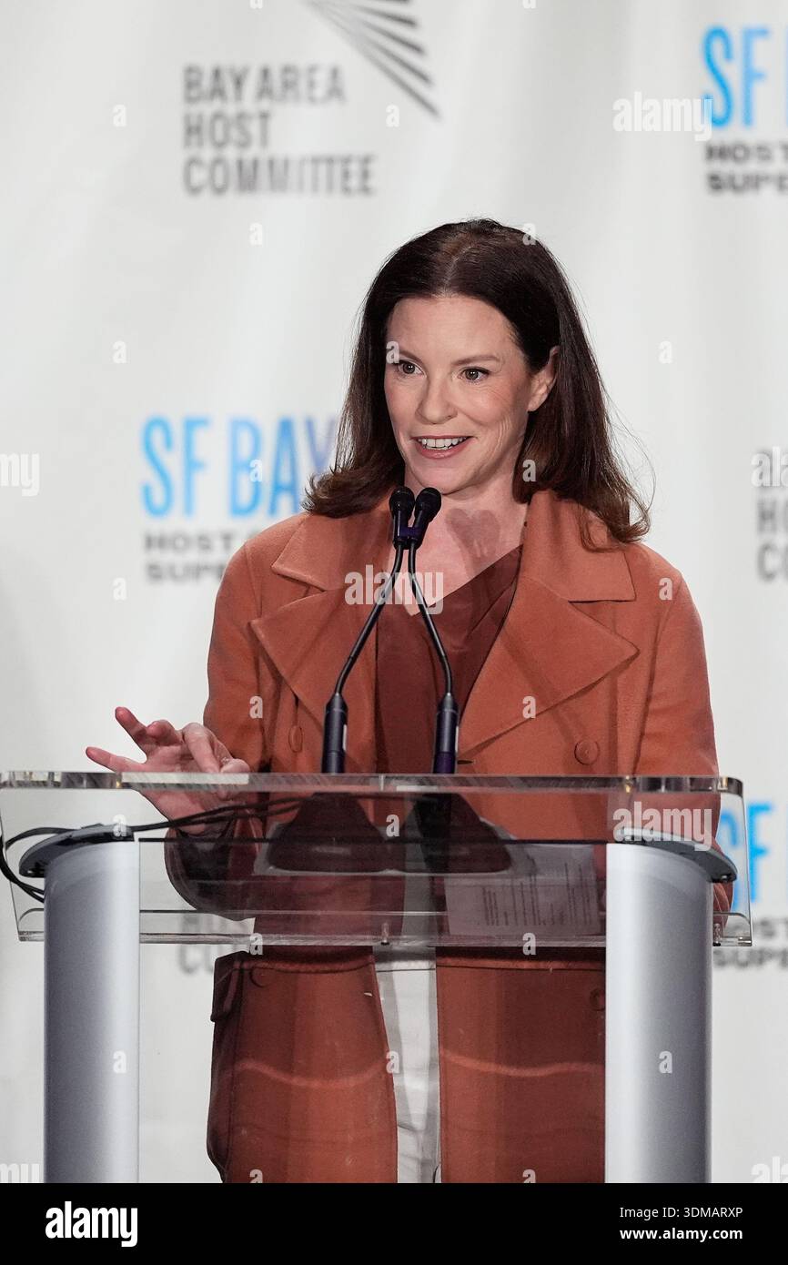 Ashley Magargee, Chief Executive Officer of Genentech, speaks at a news ...