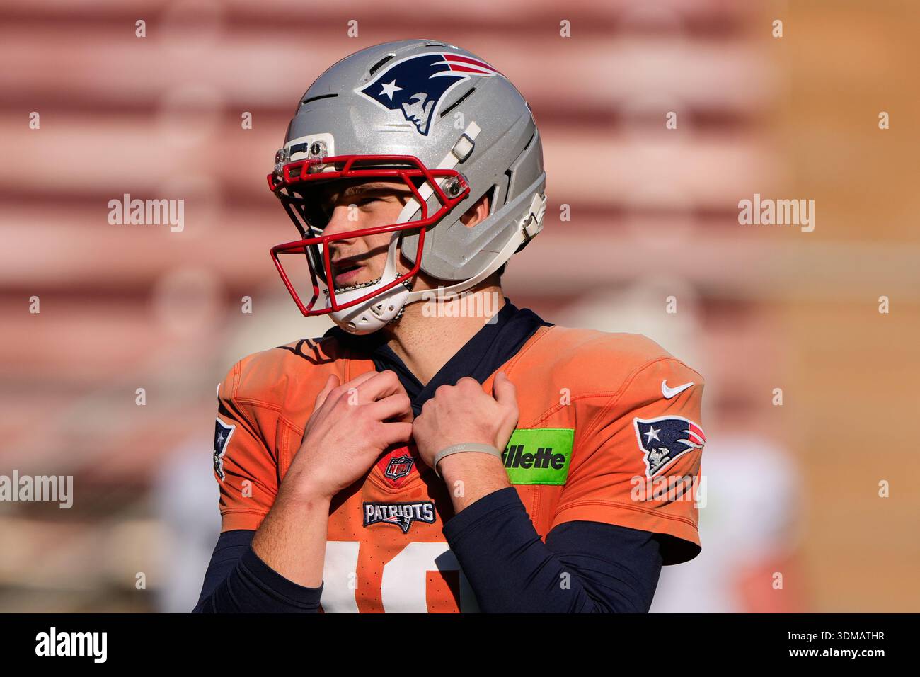 New England Patriots quarterback Drake Maye watches a drill during ...