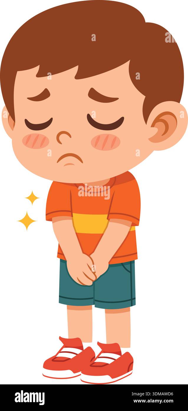 Flat vector illustration of a boy character with a shy facial ...