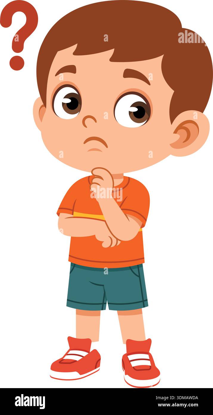 Flat vector illustration of a boy character showing a thinking facial ...