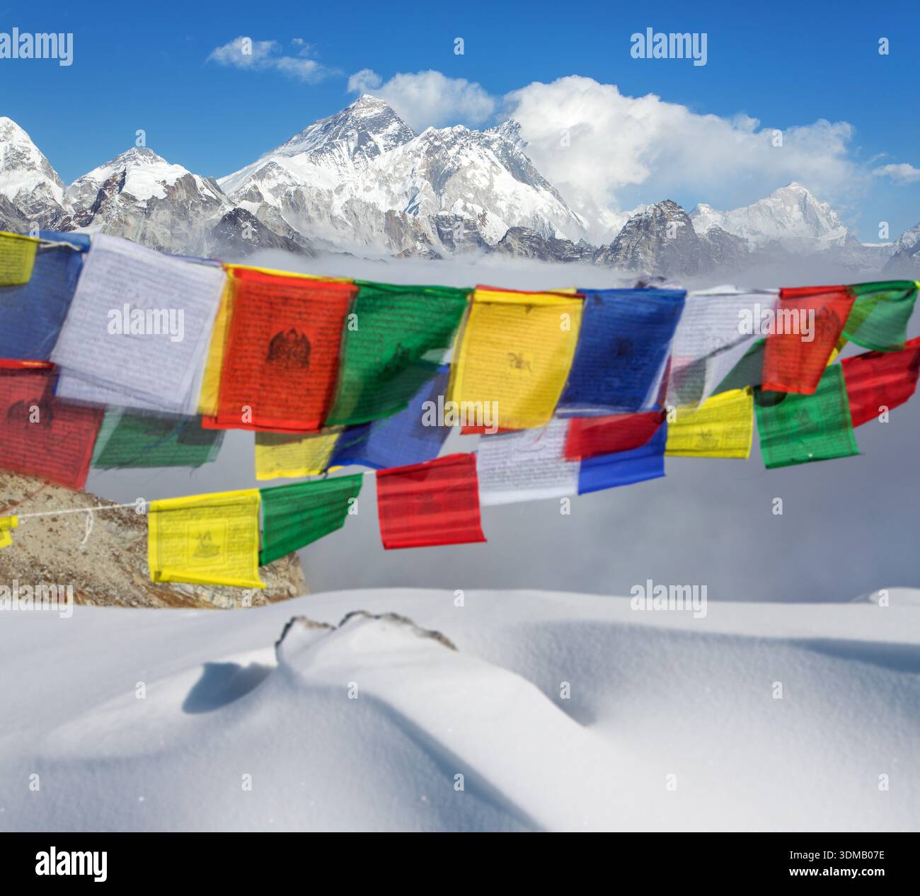view of Mount Everest, Mt Lhotse and Makalu peak with buddhist prayer ...