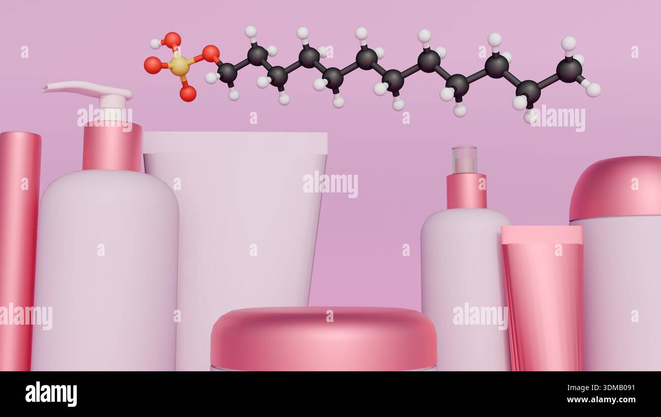 3D render that links the molecular structure of Sodium Lauryl Sulfate ...