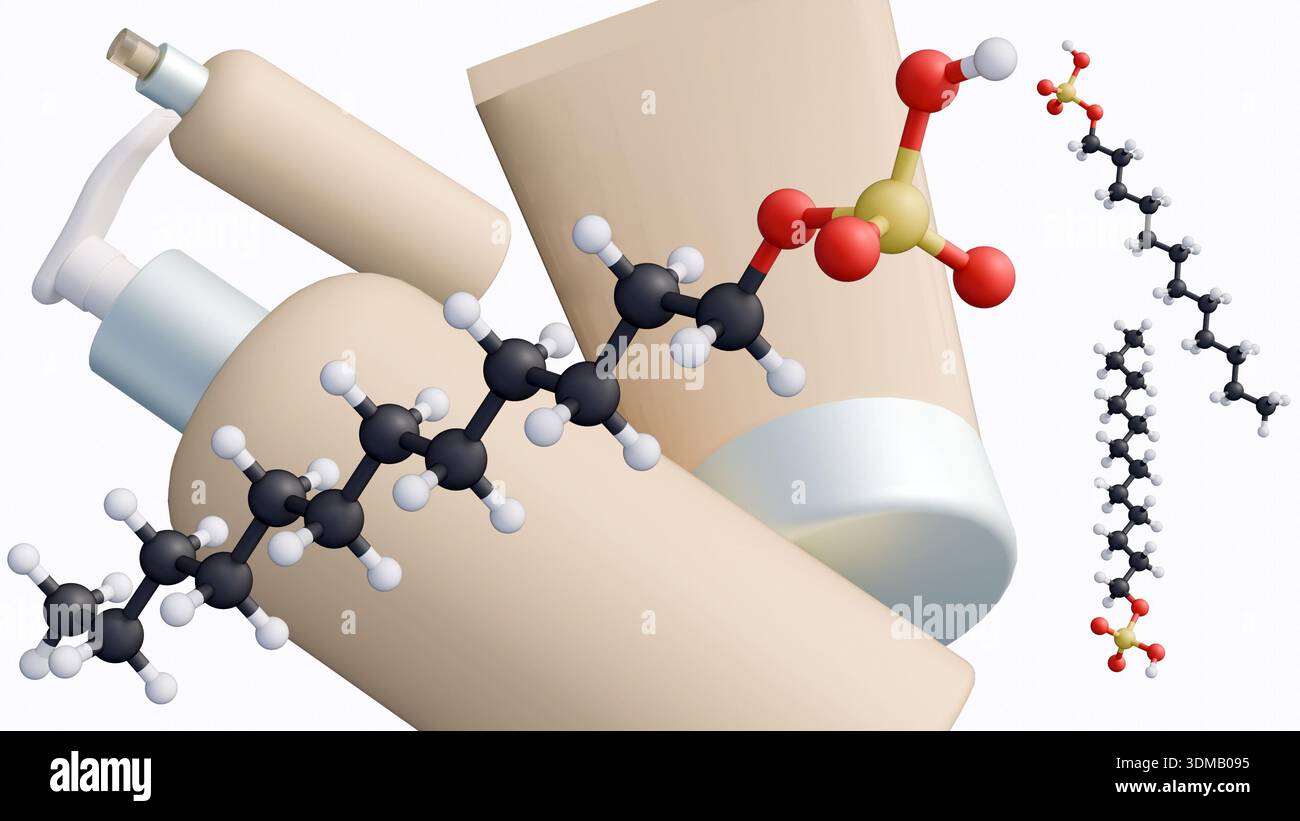 3D render that links the molecular structure of Sodium Lauryl Sulfate ...