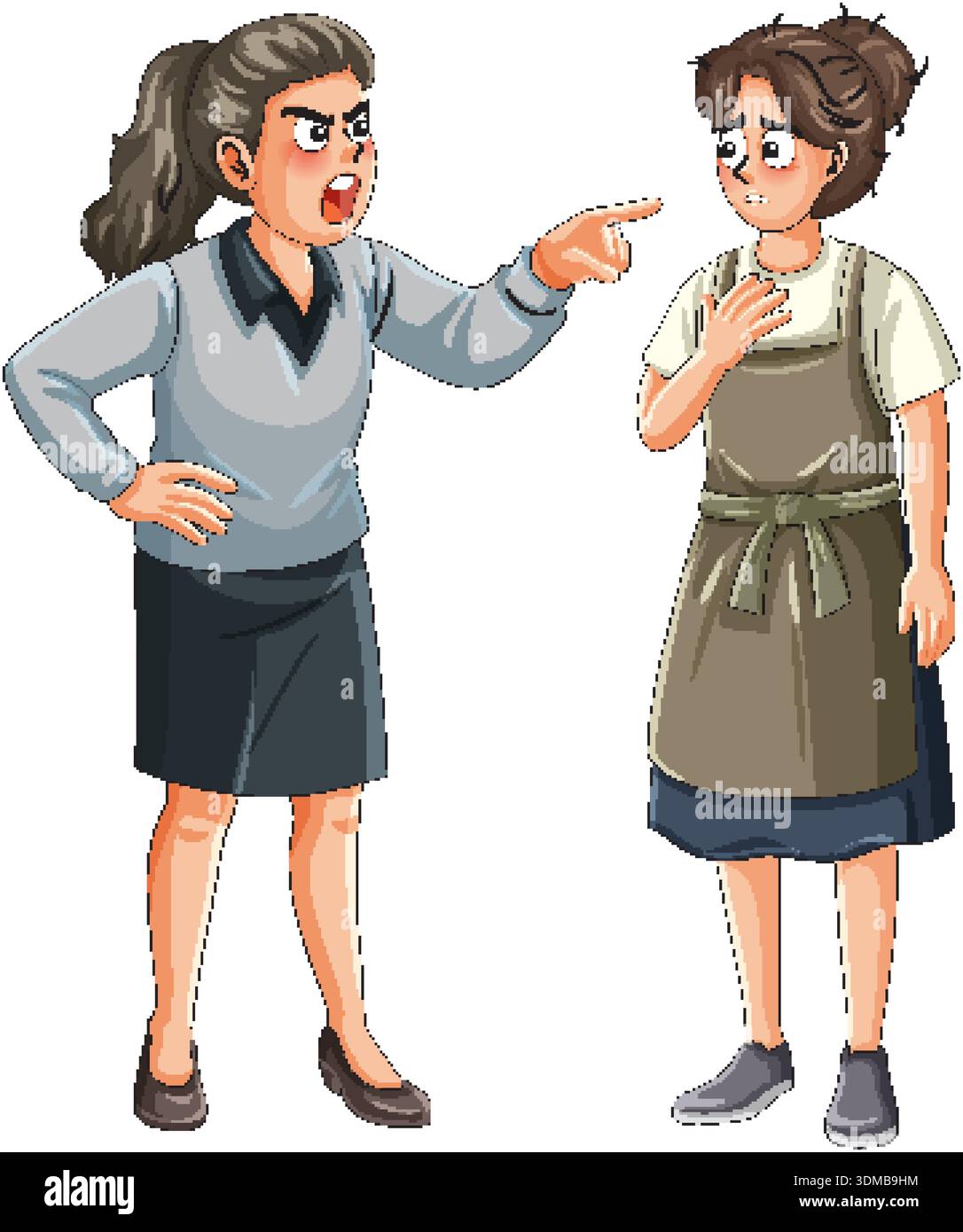 Cartoon style vector of angry manager yelling at anxious waitress ...