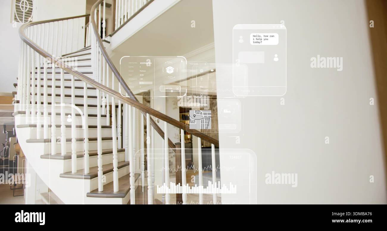 Showing curved staircase with dark handrail and spindles in entry hall ...