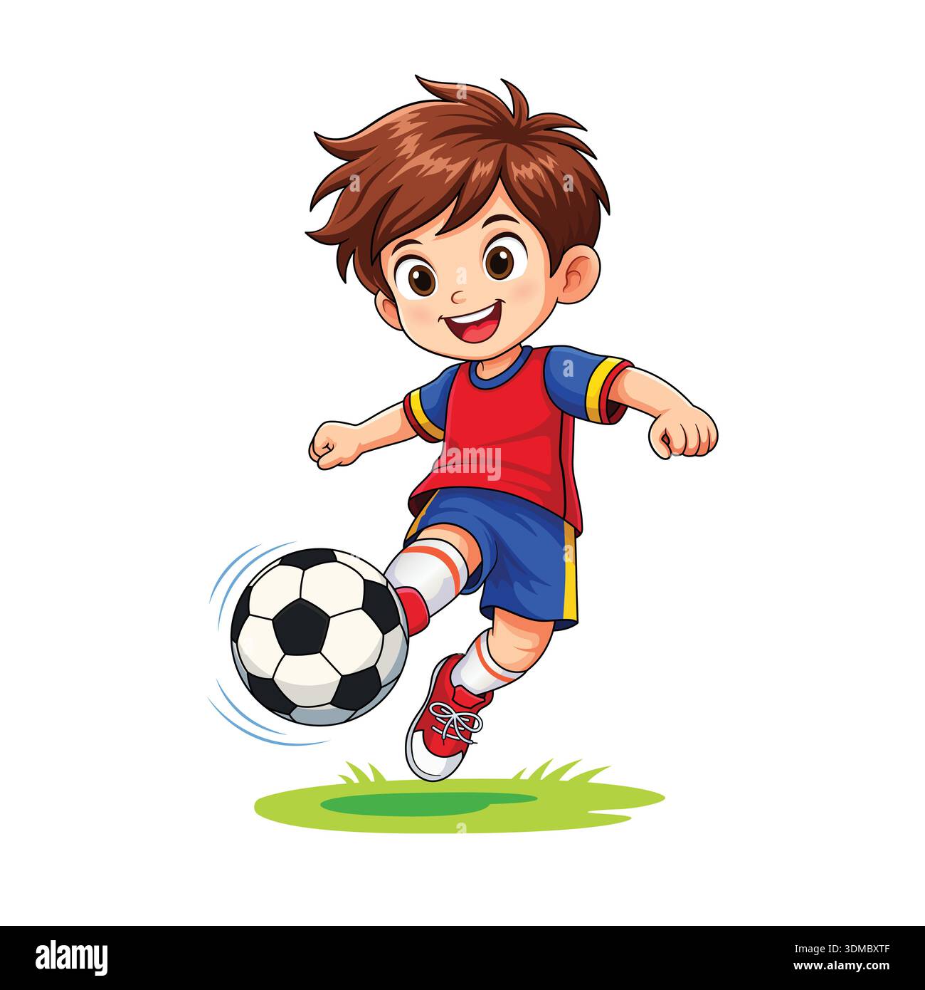 Cute Smiling Kid Kicking Soccer Ball or Football Cartoon Vector ...