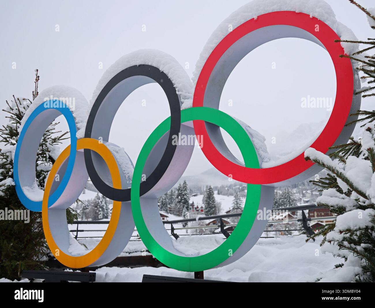The Olympic five rings symbol is seen at downtoun area in Cortina d ...