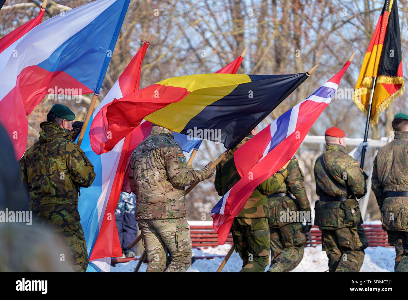NATO Soldiers in camouflage uniforms carrying various national flags ...