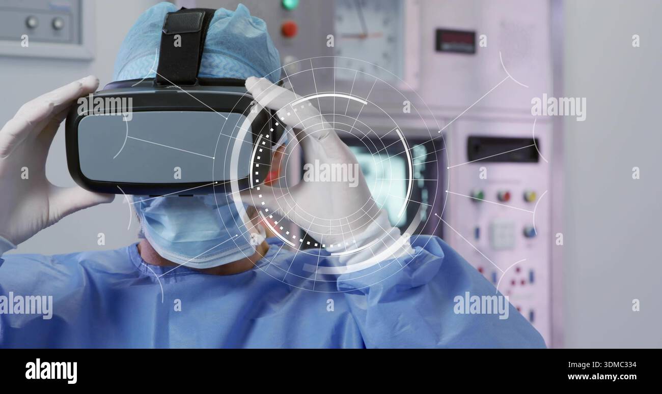 Adjusting surgeon wearing VR headset, blue gown, mask and gloves in ...