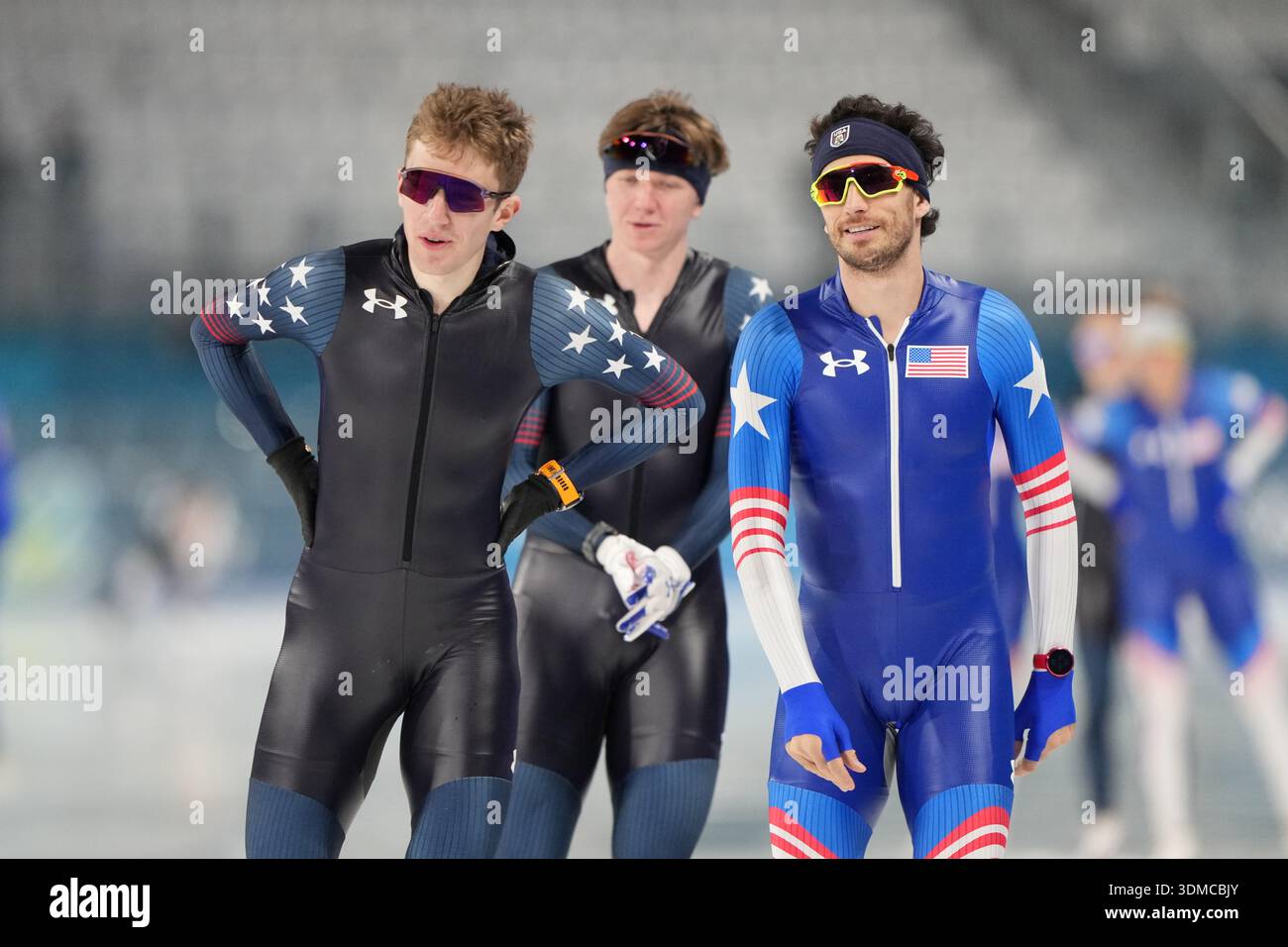 United States' Emery Lehman, right, warms up during a speedskating ...