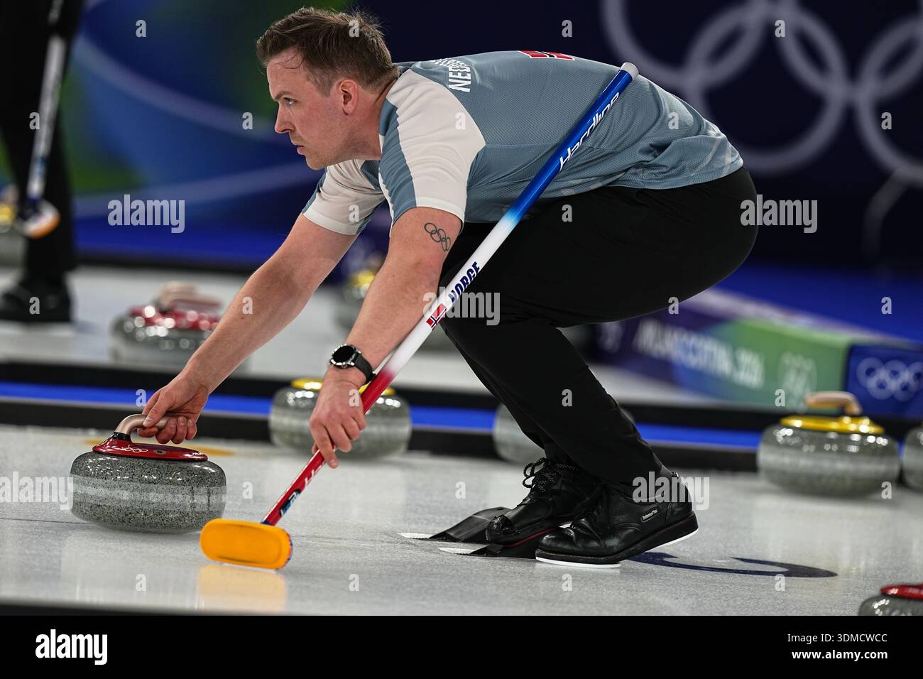 Norway's Magnus Nedregotten in action during the mixed doubles round ...