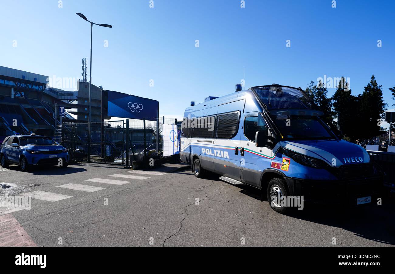 A Police vehicle outside the Milano Ice Skating Arena ahead of the ...