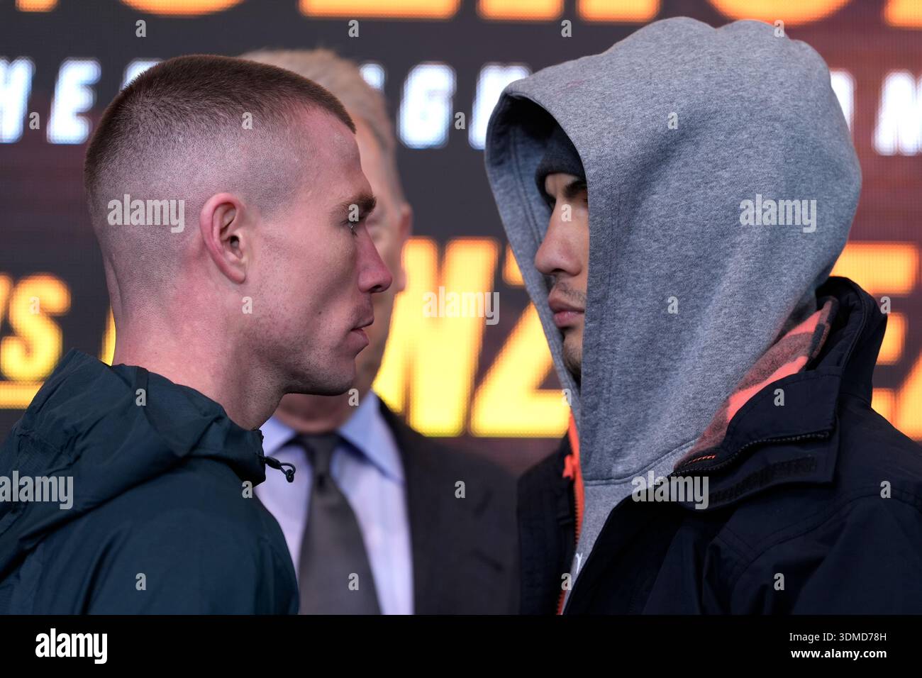Boxer Andrew Cain (left) and Alejandro Jair Gonzalez face off during a ...