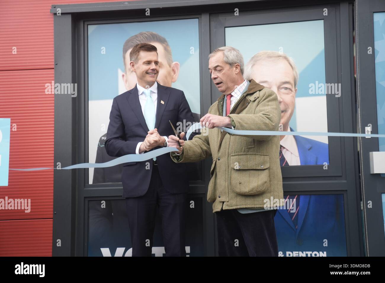 Reform UK leader Nigel Farage (right) and Reform UK's Gorton and Denton ...