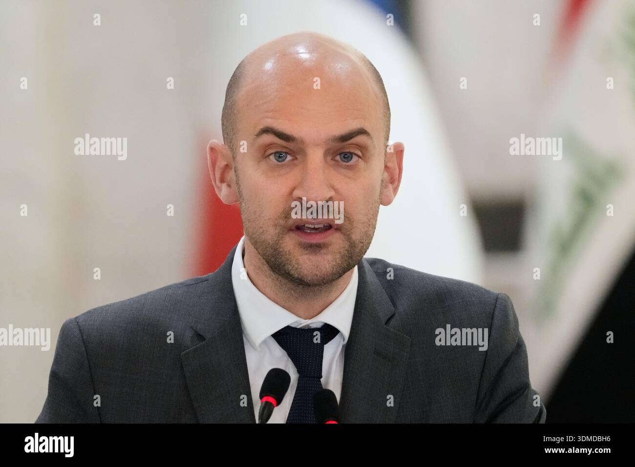 French Foreign Minister Jean-Noel Barrot speaks during a news ...