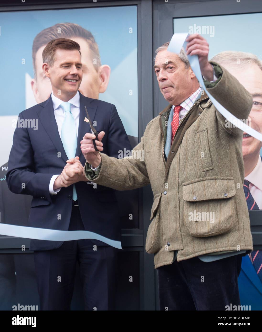 Reform UK leader Nigel Farage (right) and Reform UK's Gorton and Denton ...