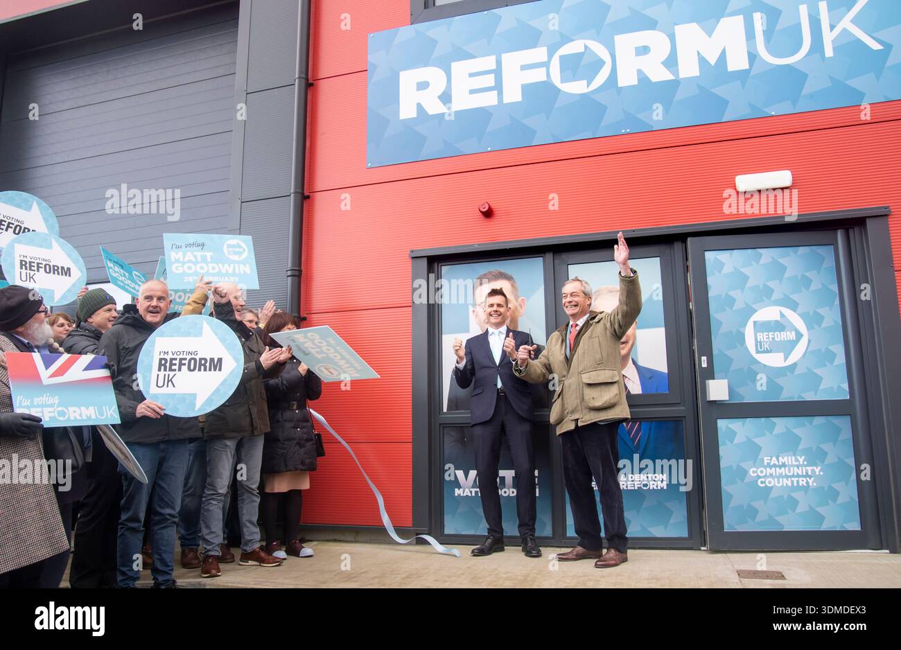 Reform UK leader Nigel Farage (right) and Reform UK's Gorton and Denton ...