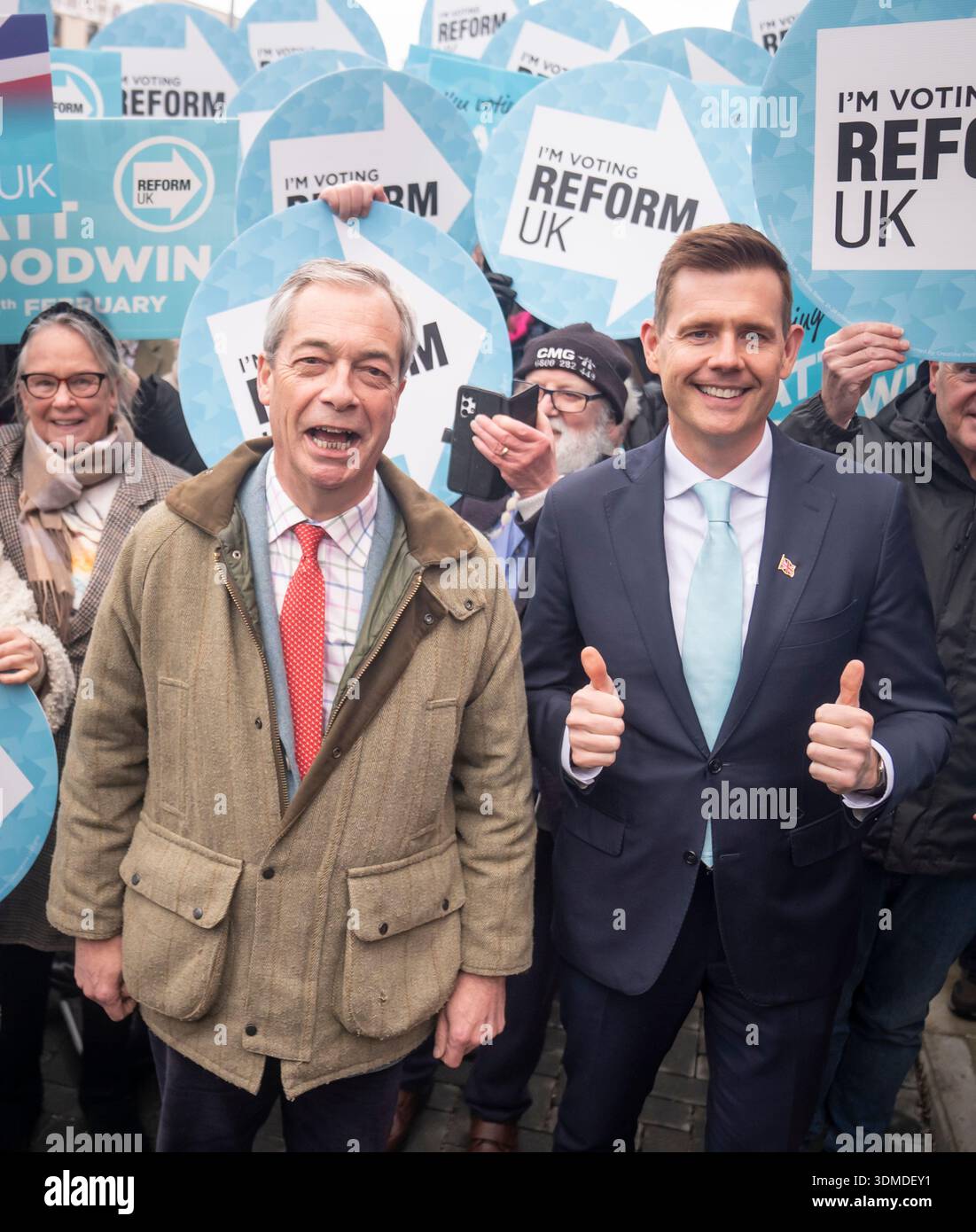 Reform UK leader Nigel Farage (left) and Reform UK's Gorton and Denton ...