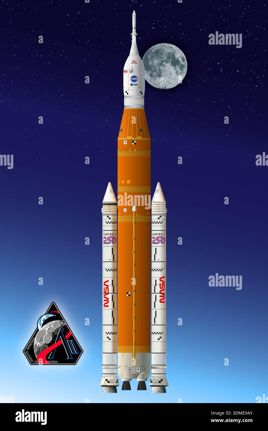 Artemis II space rocket for moon mission, illustration on starry sky ...