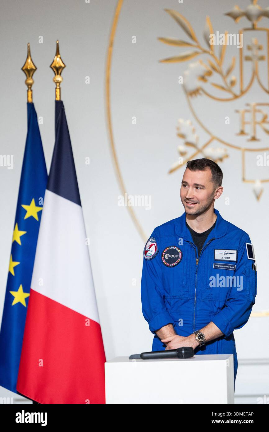 French astronaut Arnaud Prost during a video conference with French ...