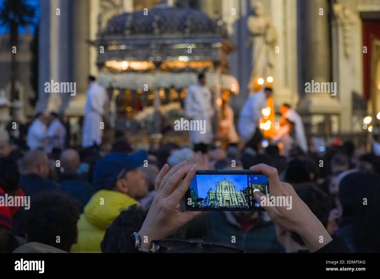 Catania Sicily, Italy - 5 February 2026. Devotees carry candelore ...