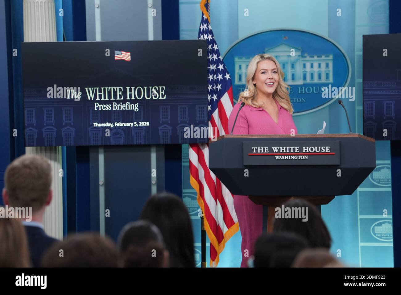 White House press secretary Karoline Leavitt arrives to speak during a ...