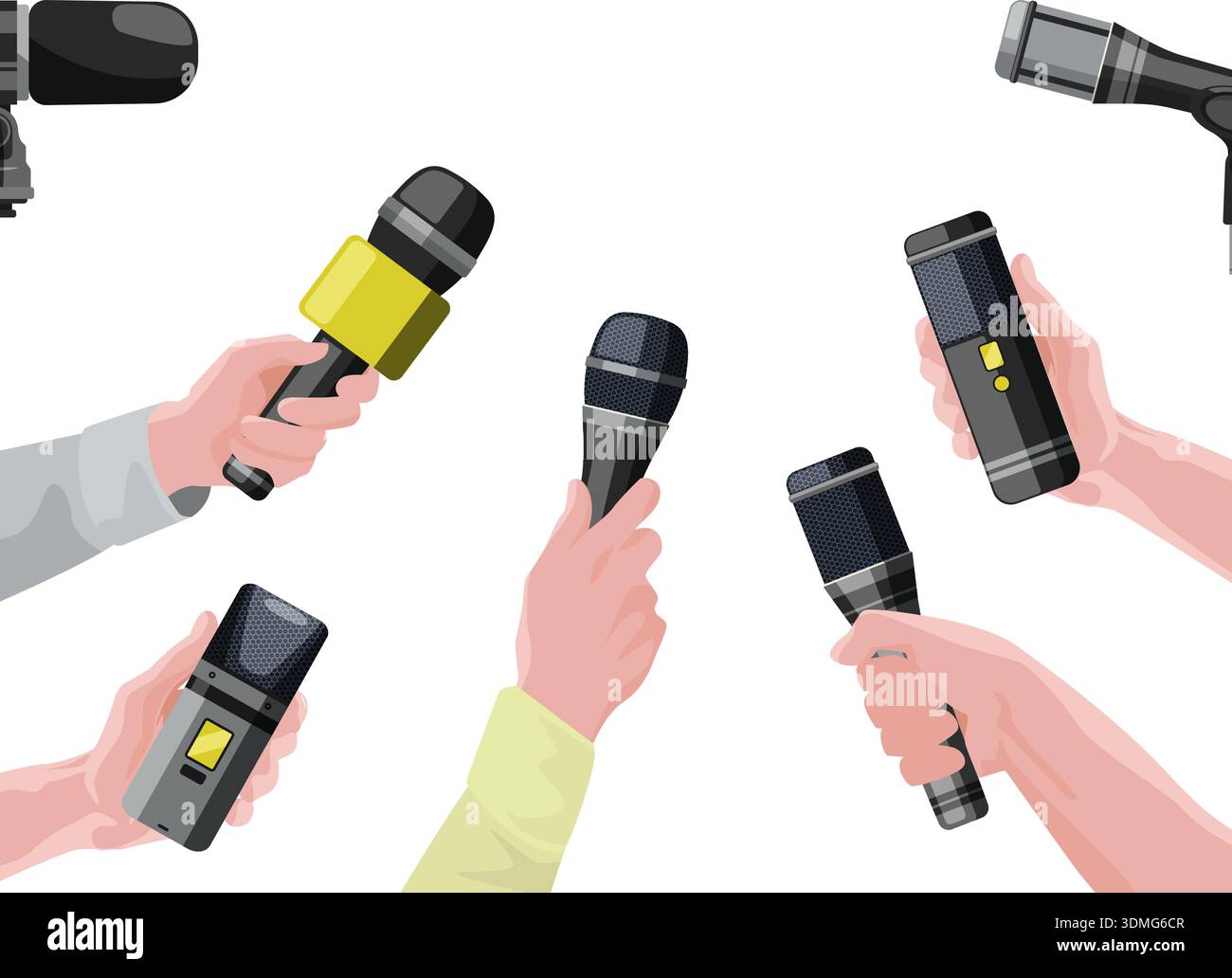 Hands with microphones. Reporters and journalist ask questions. Public ...