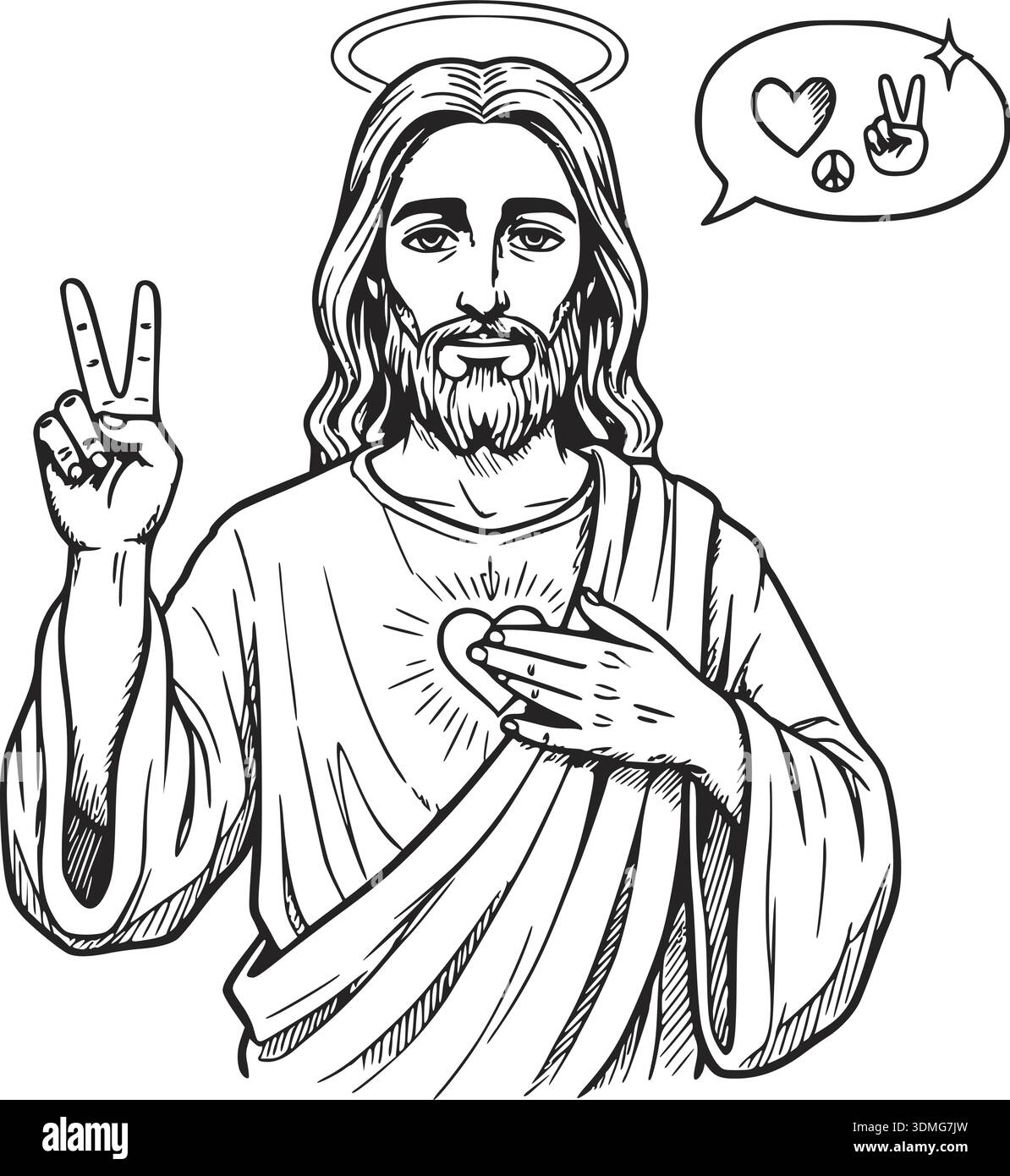 hand drawn vector illustration of jesus christ with peace gesture and ...