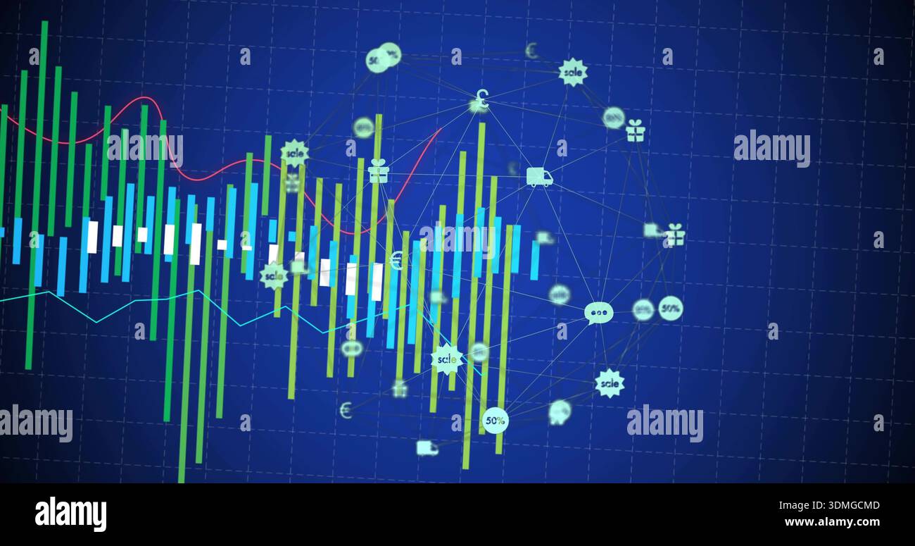 Displaying multicolored bar chart with trend lines on dark blue grid ...