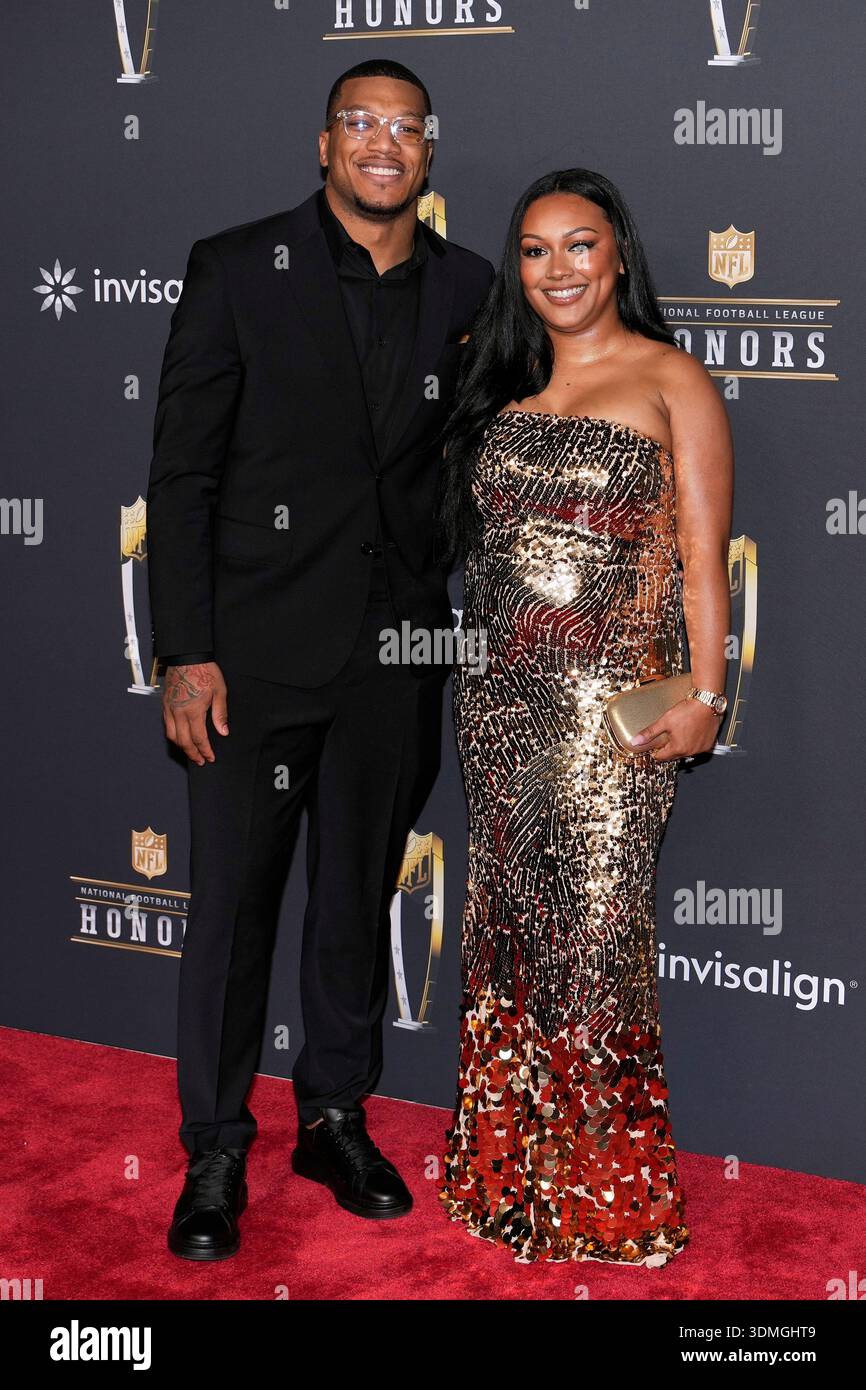 Chicago Bears' DJ Moore, left, and his wife, Raven Battle, arrive for ...