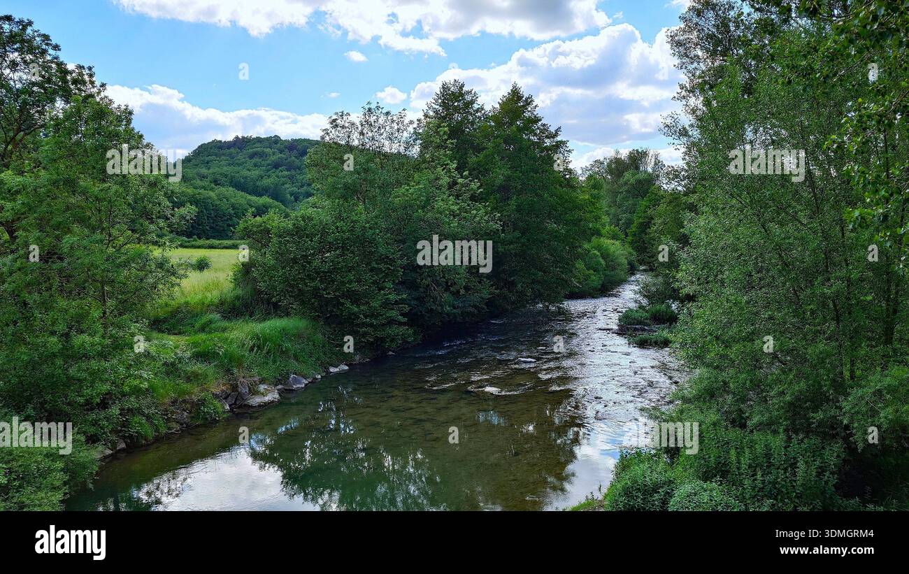 Peaceful river through lush green valley in rural Europe. Summer trees ...