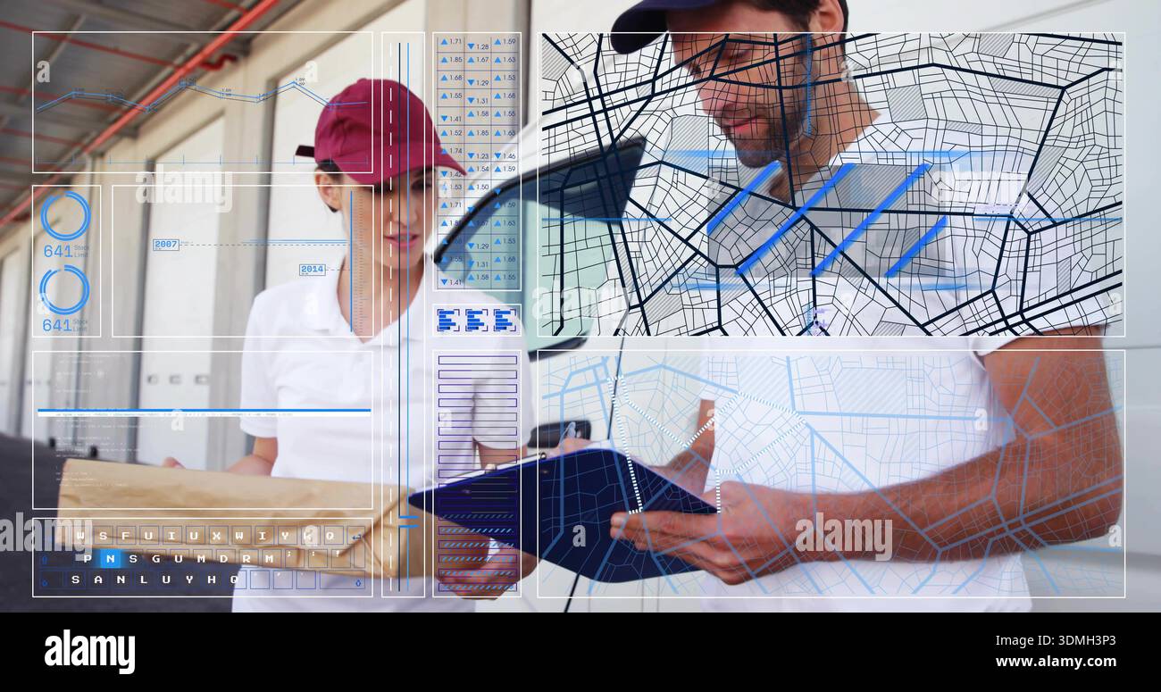 Checking courier marking clipboard in loading bay, in dark cap, with ...